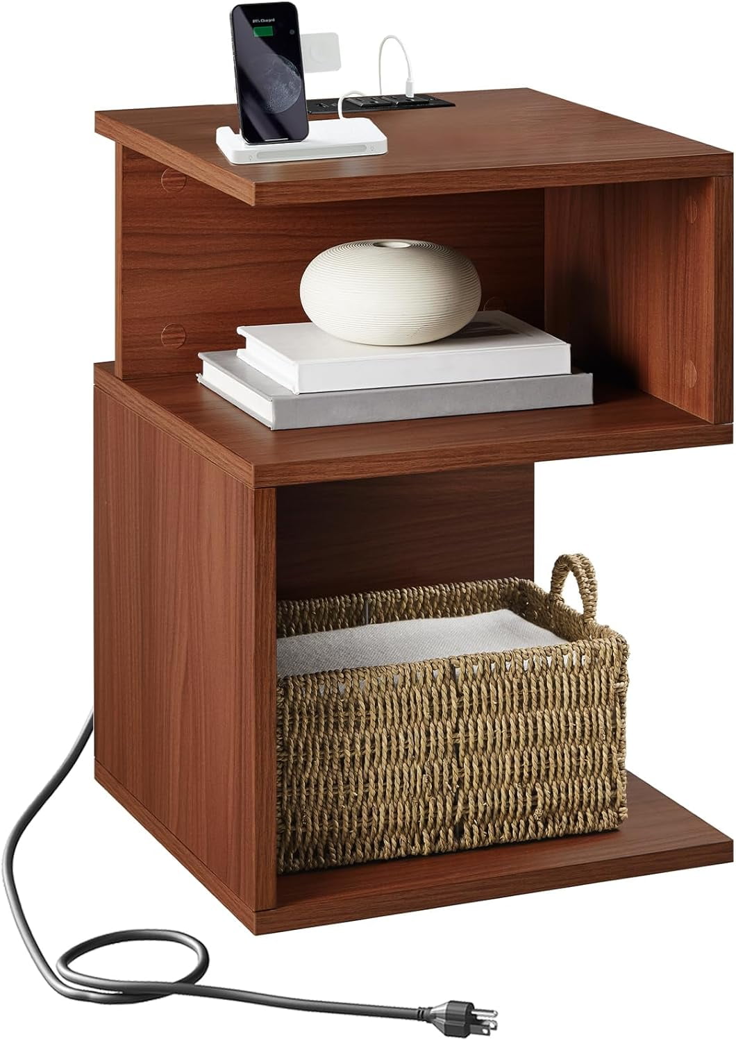 PurelyGoods Flip Minimalist 3 Tier End Table with Fast Charging Station - USB C Cable Wood ...