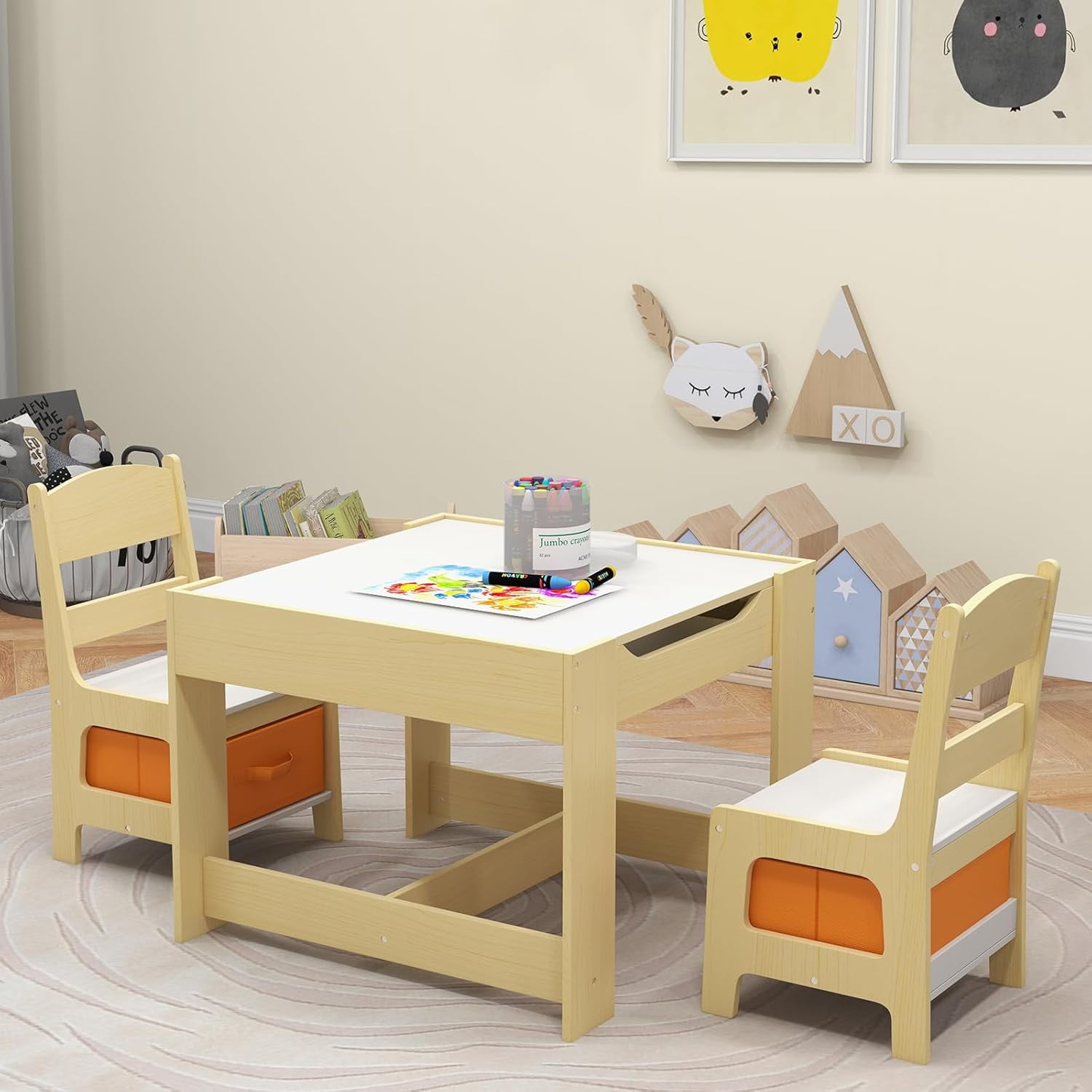 PurelyGoods Kids Table and Chair Set, 3 in 1 Wooden Activity Table with ...