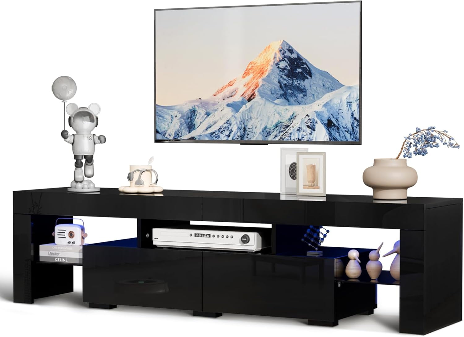 PurelyGoods LED TV Stand, 63'' High Glossy Modern Entertainment Center ...