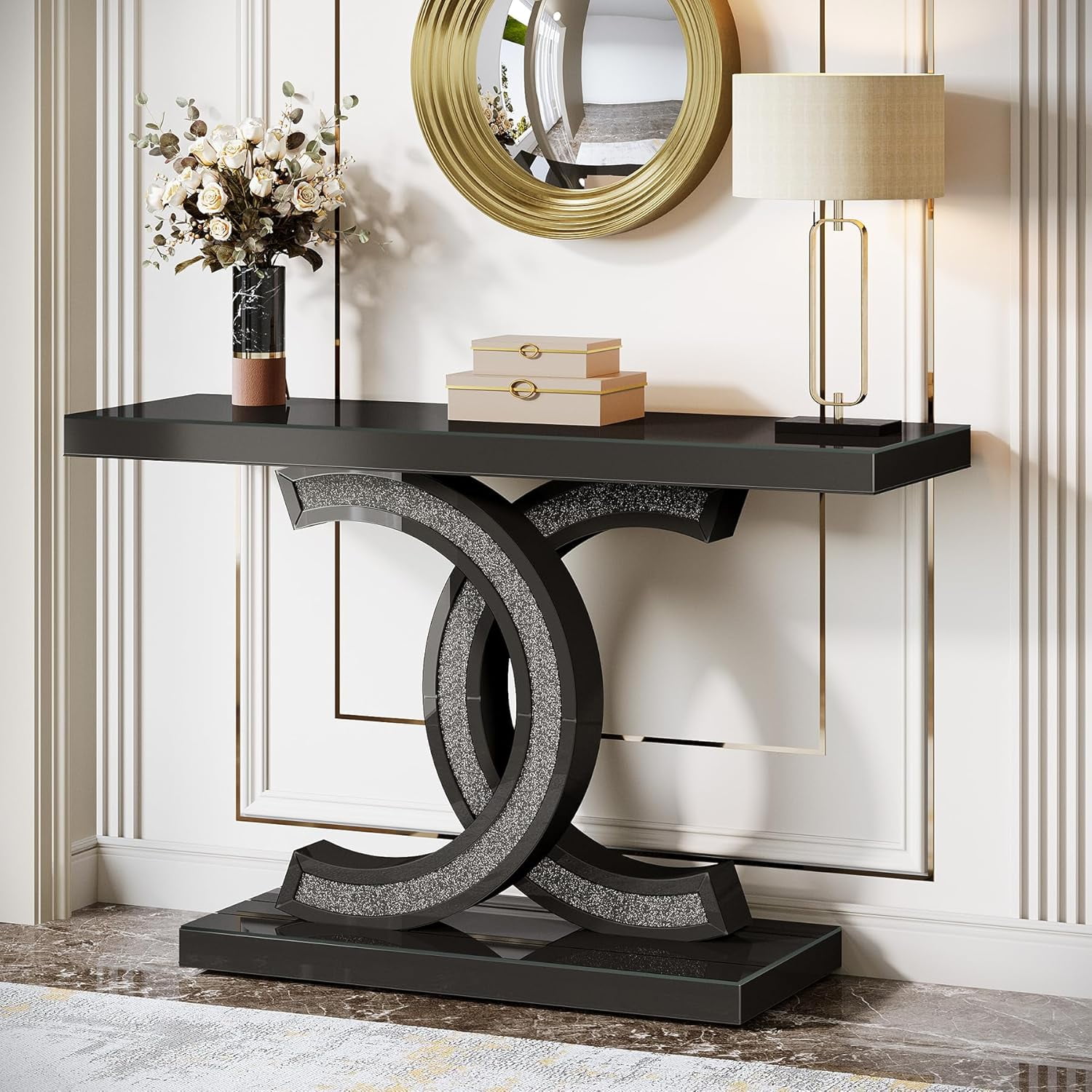 PurelyGoods Mirrored Console Table, Modern Black Entryway Table with ...