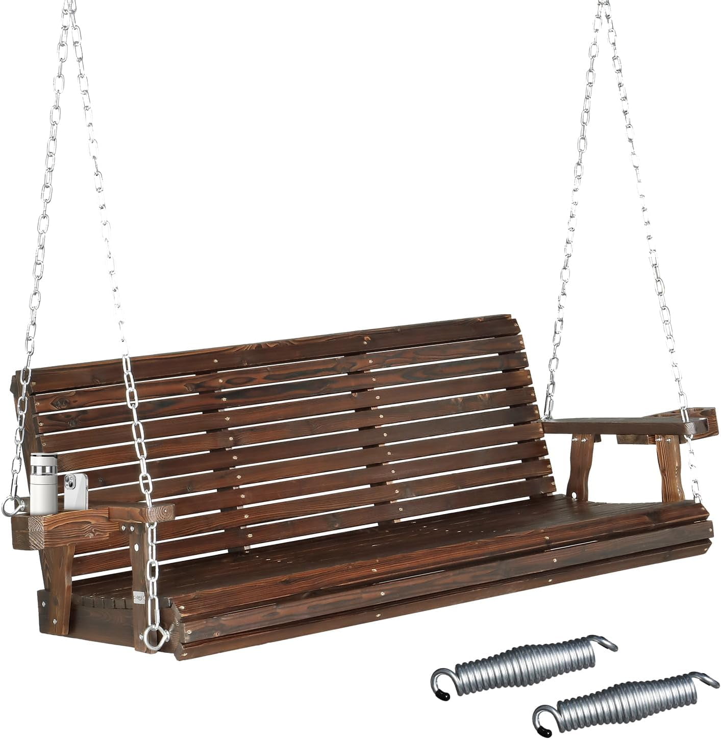 PurelyGoods XL Size Patio Wooden Porch Swing Outdoor with Cup Holders ...