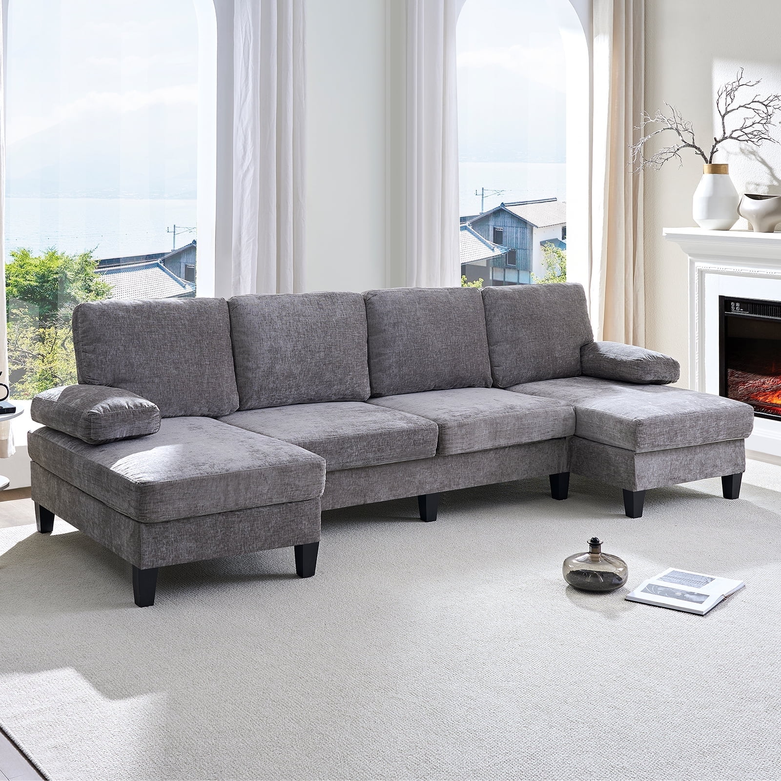 Puremind 110" U Shaped Sofa, Chenille Sectional Couch with Double Chaises, Modern 4 Seat Sofas ...