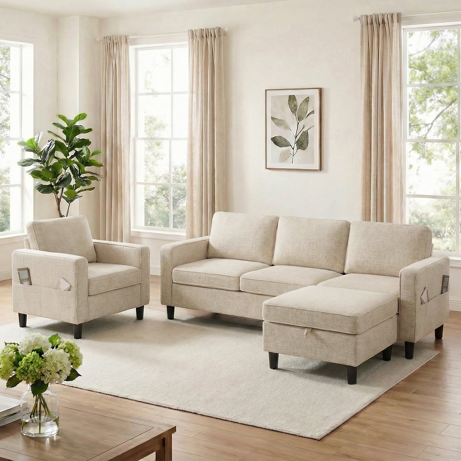 Puremind 2 Piece Sofa with Storage Ottoman, Modern Linen Fabric Sofa ...