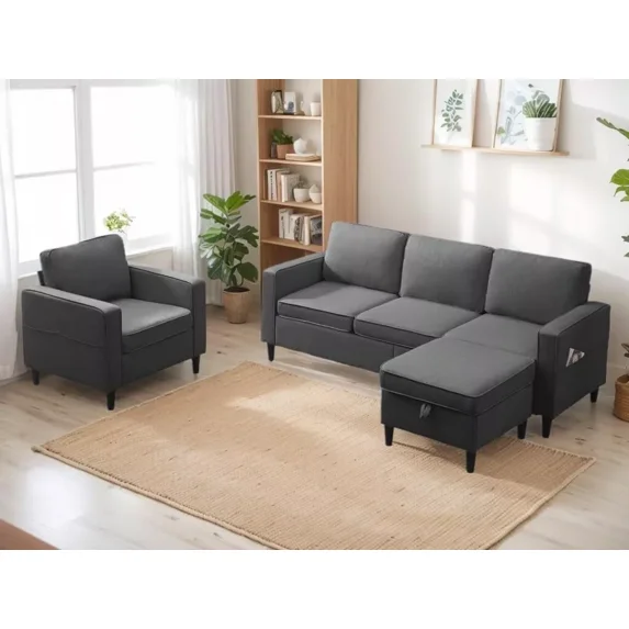 Puremind 2 Piece Sofa with Storage Ottoman, Modern Linen Fabric Sofa ...