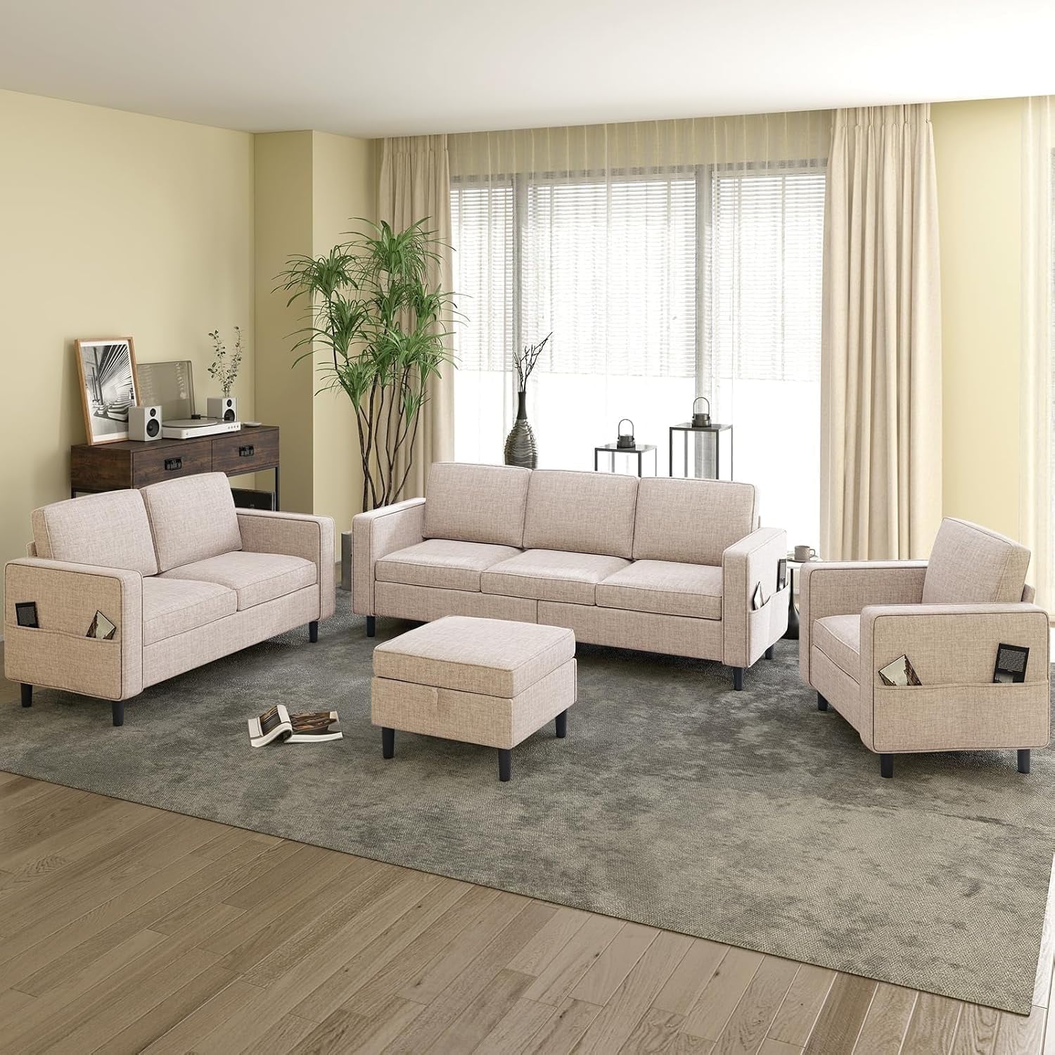 Puremind 3 Piece Sofa Set with Storage Ottoman, Living Room Furniture ...