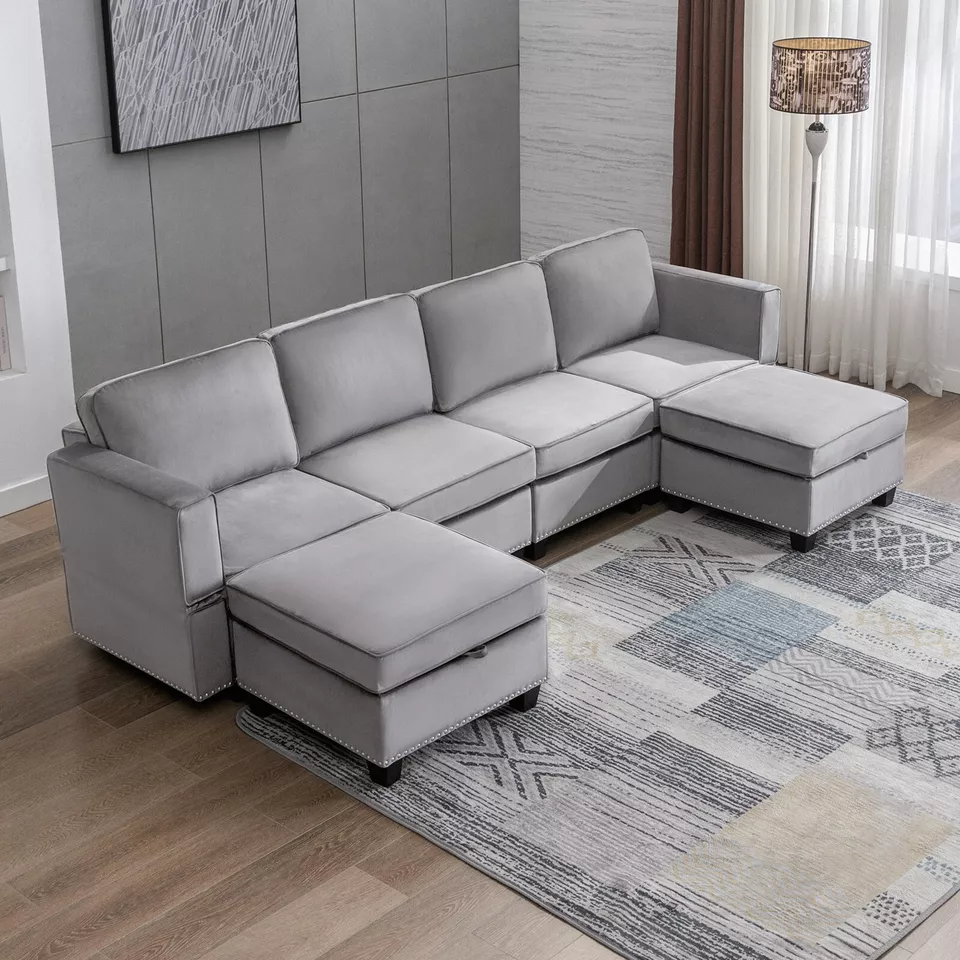 Puremind 6 Seater U-Shaped Modular Sofa with Ottomans, Convertible ...