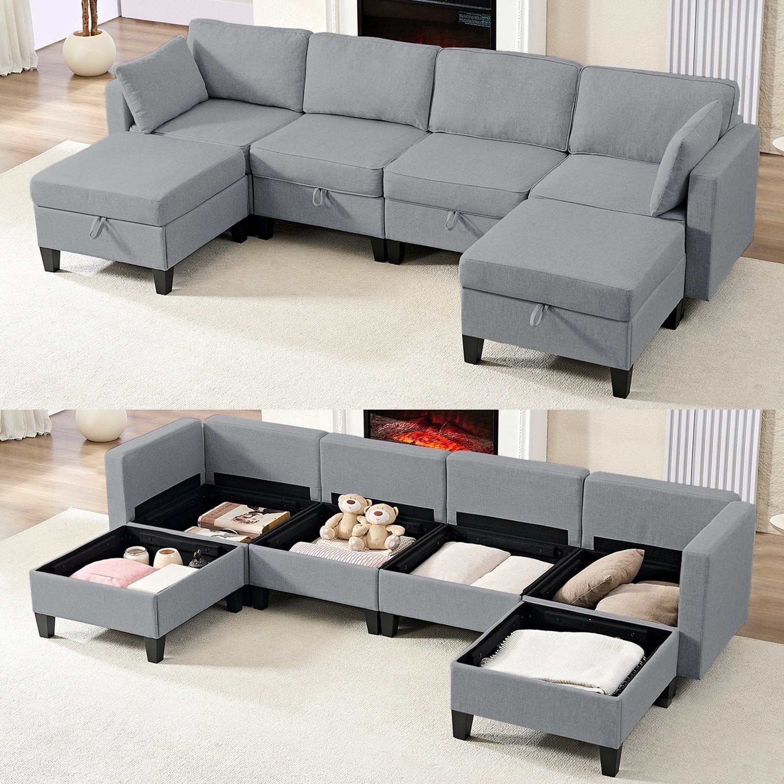 Puremind 6 Piece Modular Sectional Sofa with Storage, U/L Shaped ...