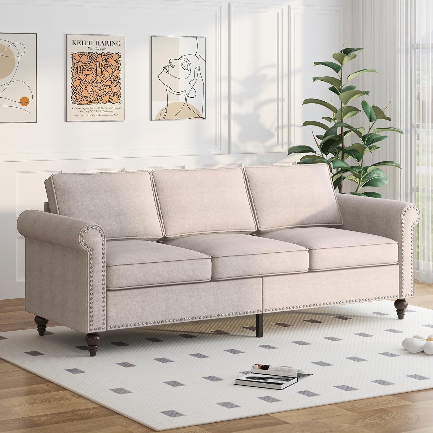 Puremind 76" Sectional Sofa, 3 Seater Couch for Living Room, Linen ...