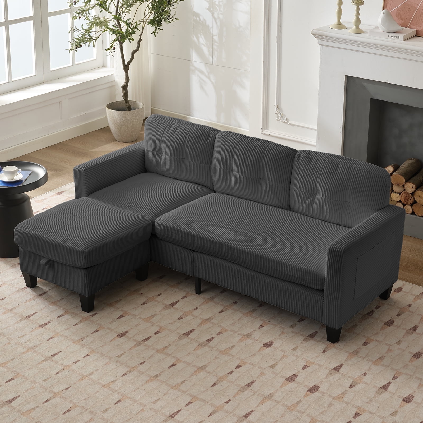 Mjkone L-Shaped Convertible Sectional Sofa with Ottoman, Cupholders ...
