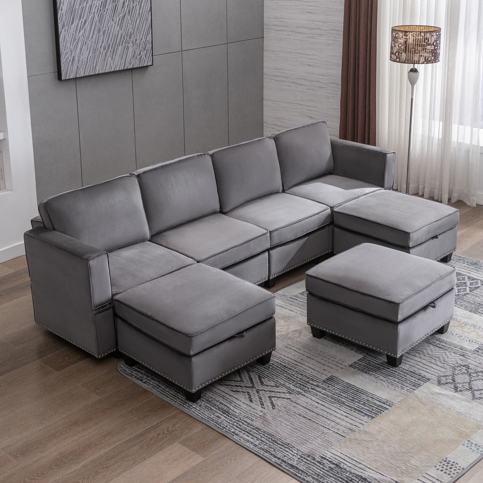 Puremind 7PCS Modular Sectional Sofa with Ottomans, Convertible U ...