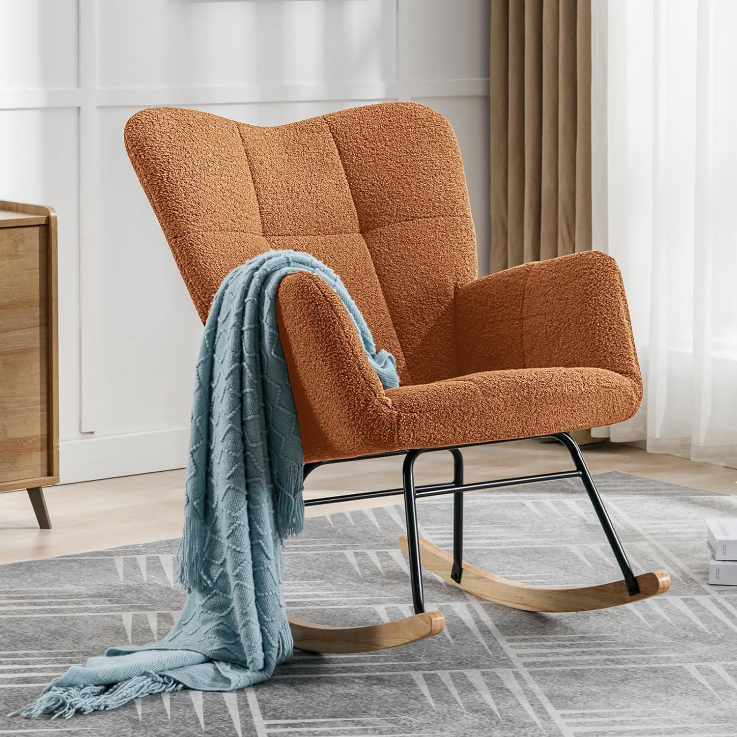 Puremind Brown Nursery Rocking Chair, Teddy Fabric Upholstered Glider ...