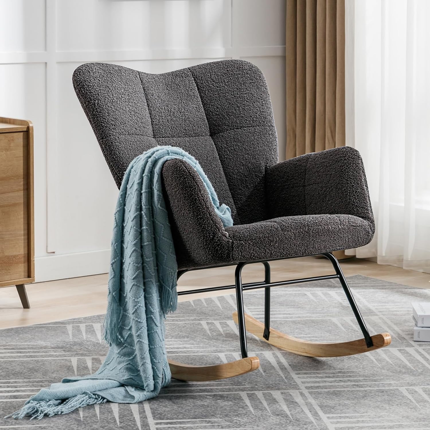 Puremind Dark Grey Nursery Rocking Chair, Teddy Fabric Upholstered ...