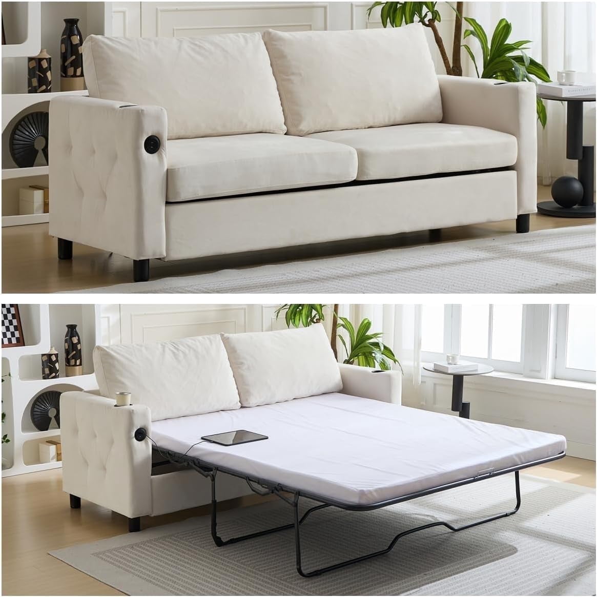 Puremind Full Size Pull Out Sofa Bed, Velvet Sleeper Couch with USB ...