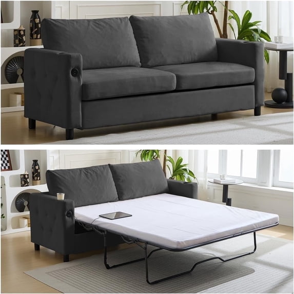 Puremind Full Size Pull Out Sofa Bed, Velvet Sleeper Couch with USB ...