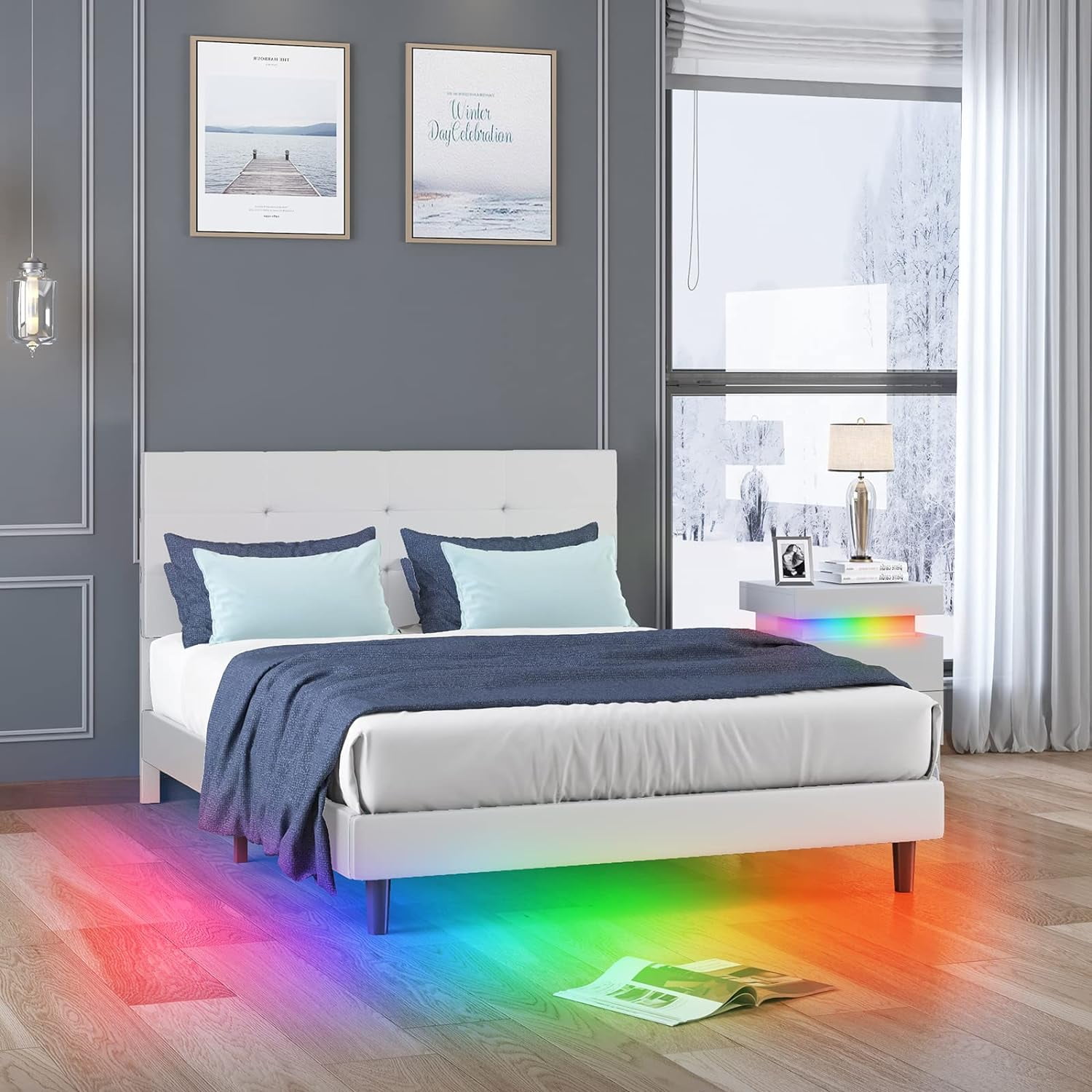Puremind King Size Bed Frame with Smart RGB LED Lights Button Tufted ...