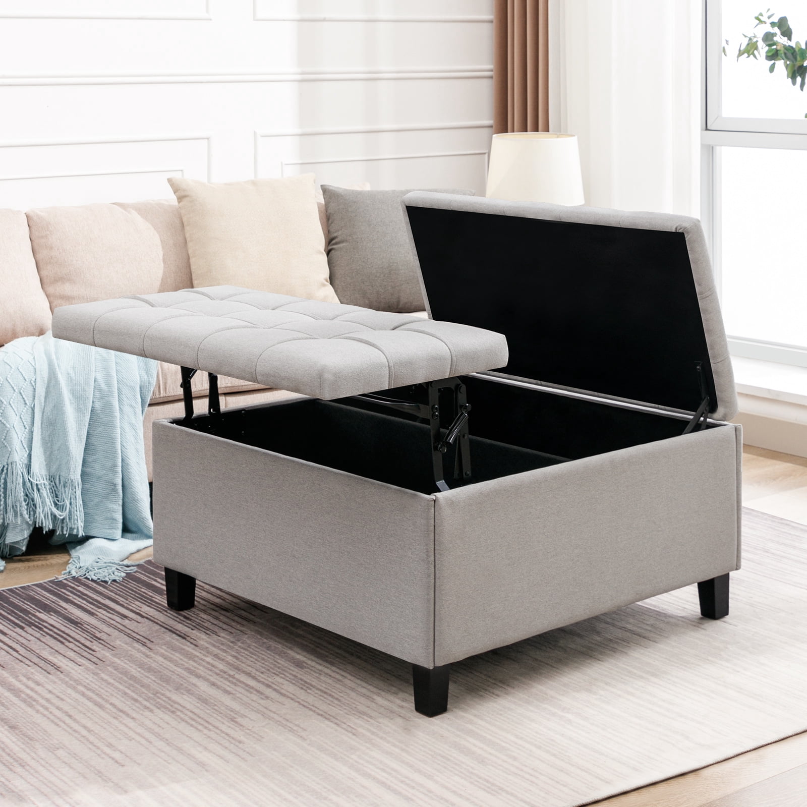 Puremind Large Square Ottoman,Linen Fabric Square Ottoman with Storage ...