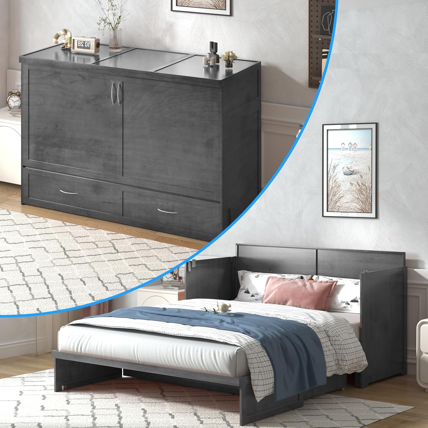 Puremind Murphy Bed Queen Size,Murphy Cube Cabinet Bed with 4.7in ...