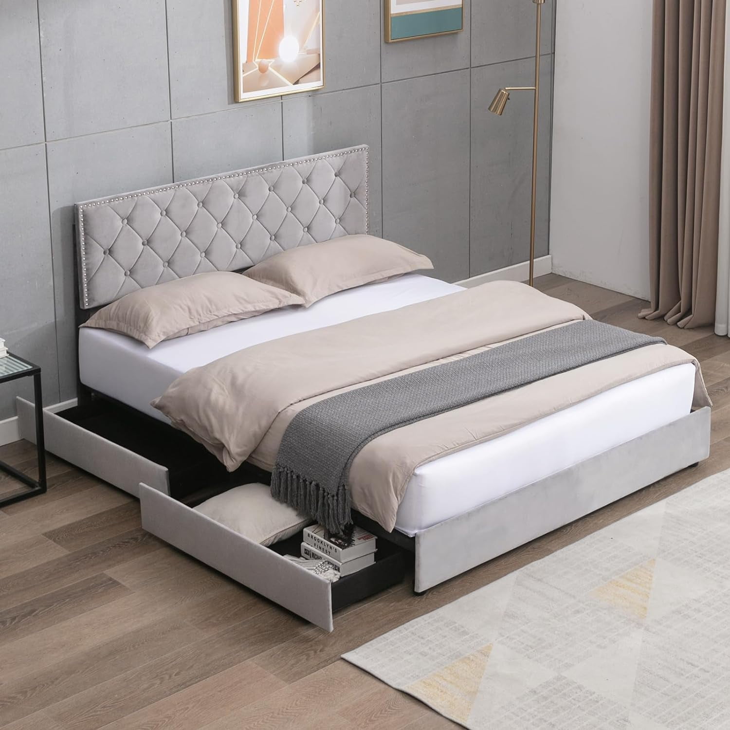 Puremind Queen Platform Bed Frames with 4 Storage Drawers, Velvet ...