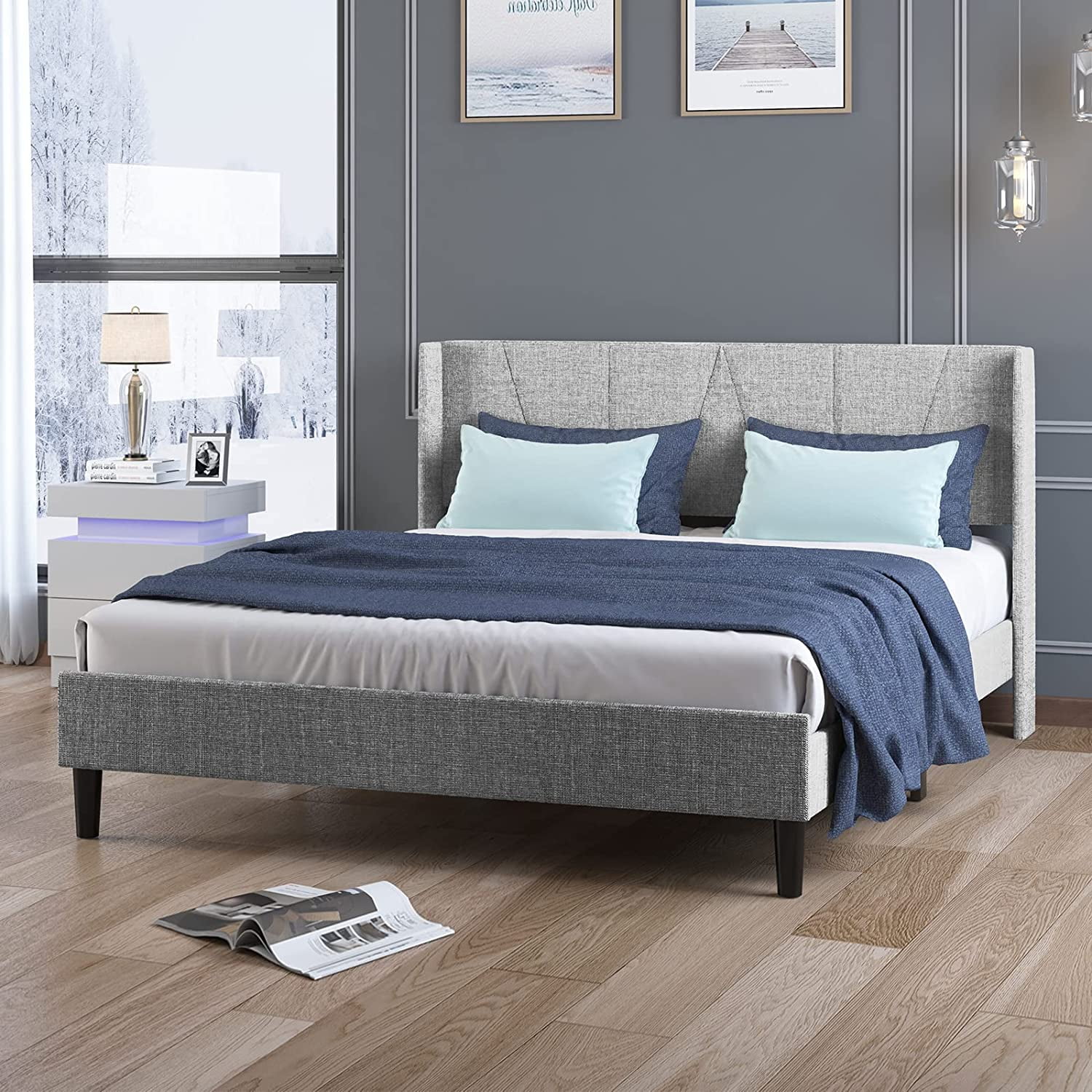 Puremind Queen Size Bed Frame,Linen Upholstery Platform Bed Frame with ...