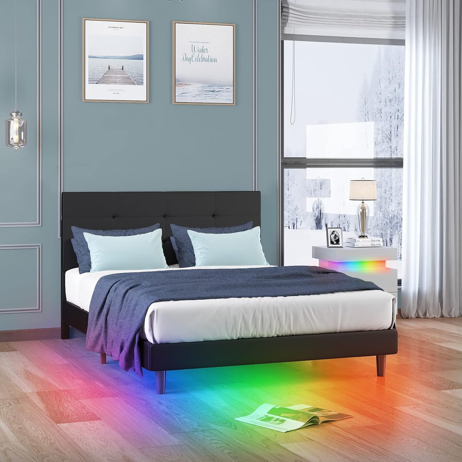 Puremind Queen Size Bed Frame with Smart RGB LED Lights Button Tufted ...
