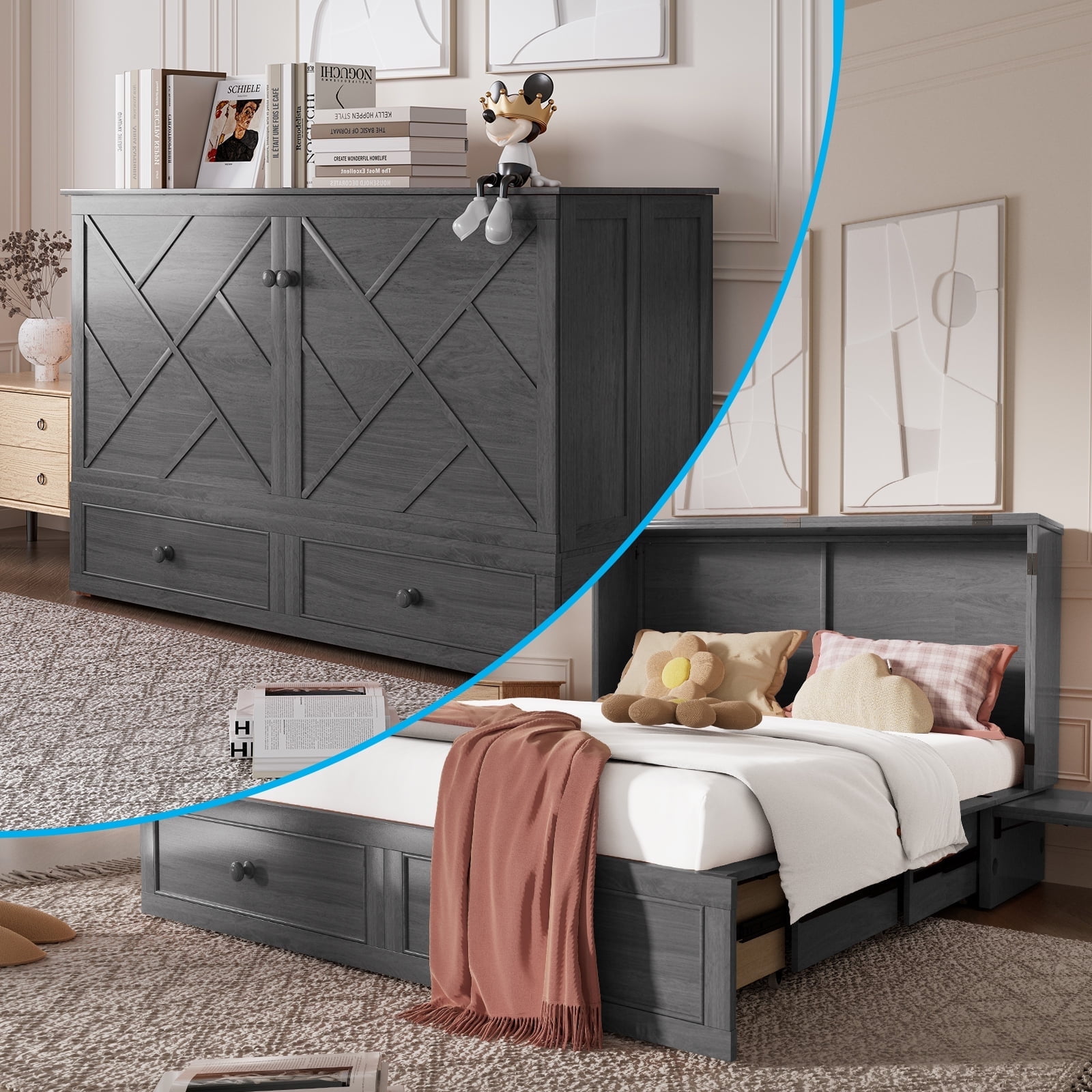 Puremind Queen Size Murphy Bed with Mattress, Murphy Cube Cabinet Bed ...