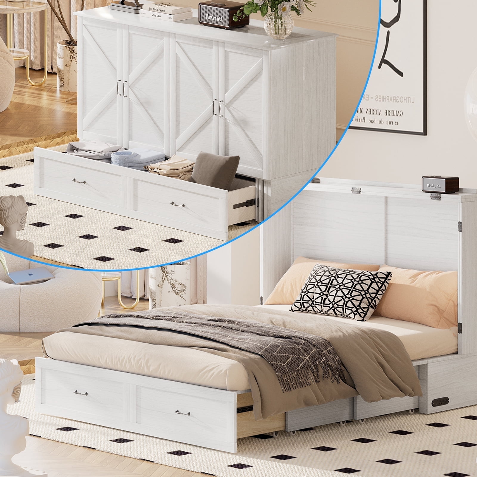 Puremind Queen Size Murphy Bed with Mattress and Charging Station ...