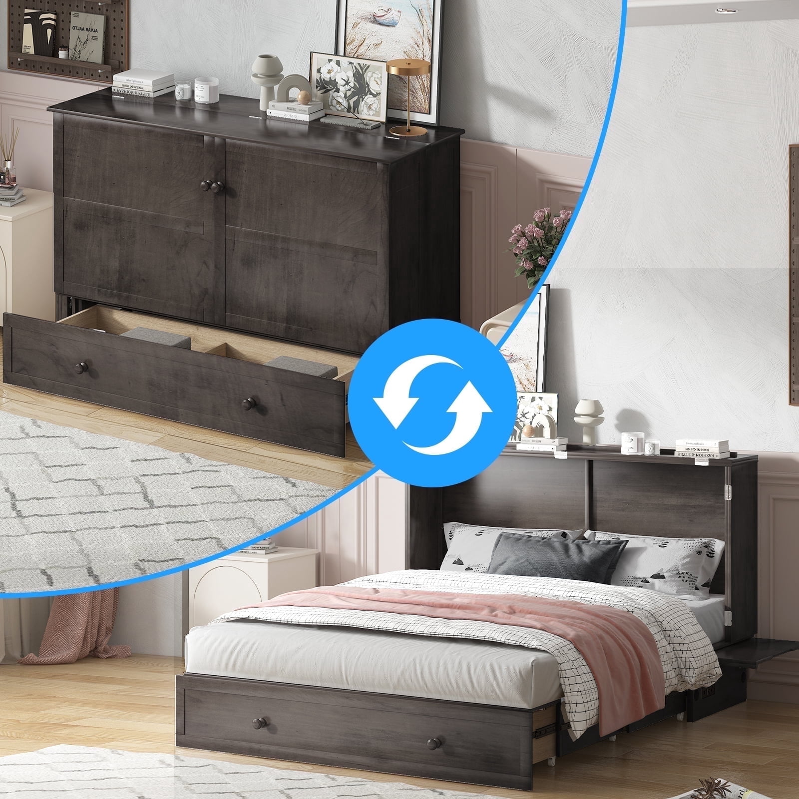 Puremind Queen Size Murphy Bed with Mattress and Charging Station ...