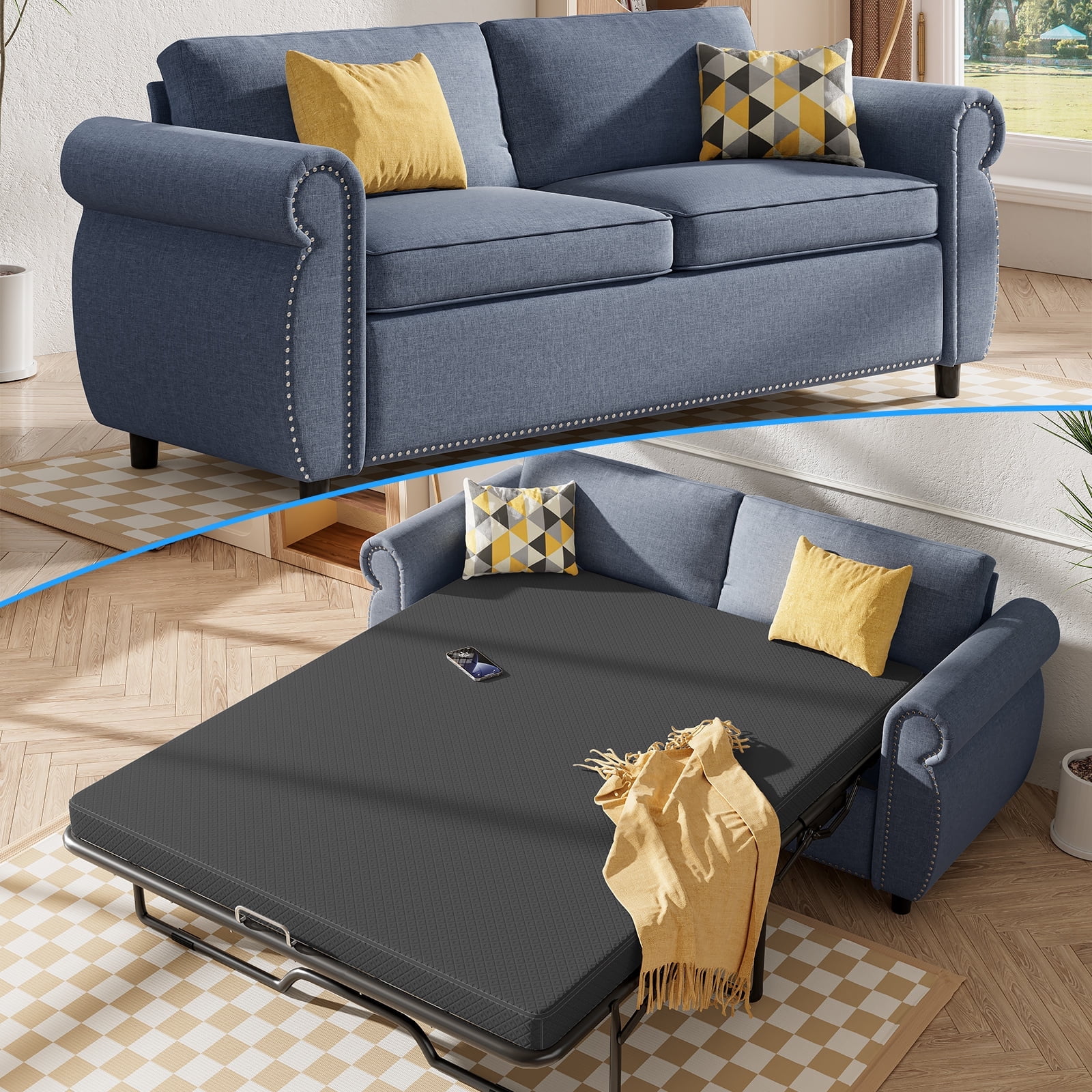 Puremind Queen Size Pull Out Sofa Bed, Convertible Couch Bed with Mattress, Loveseat Sleeper ...