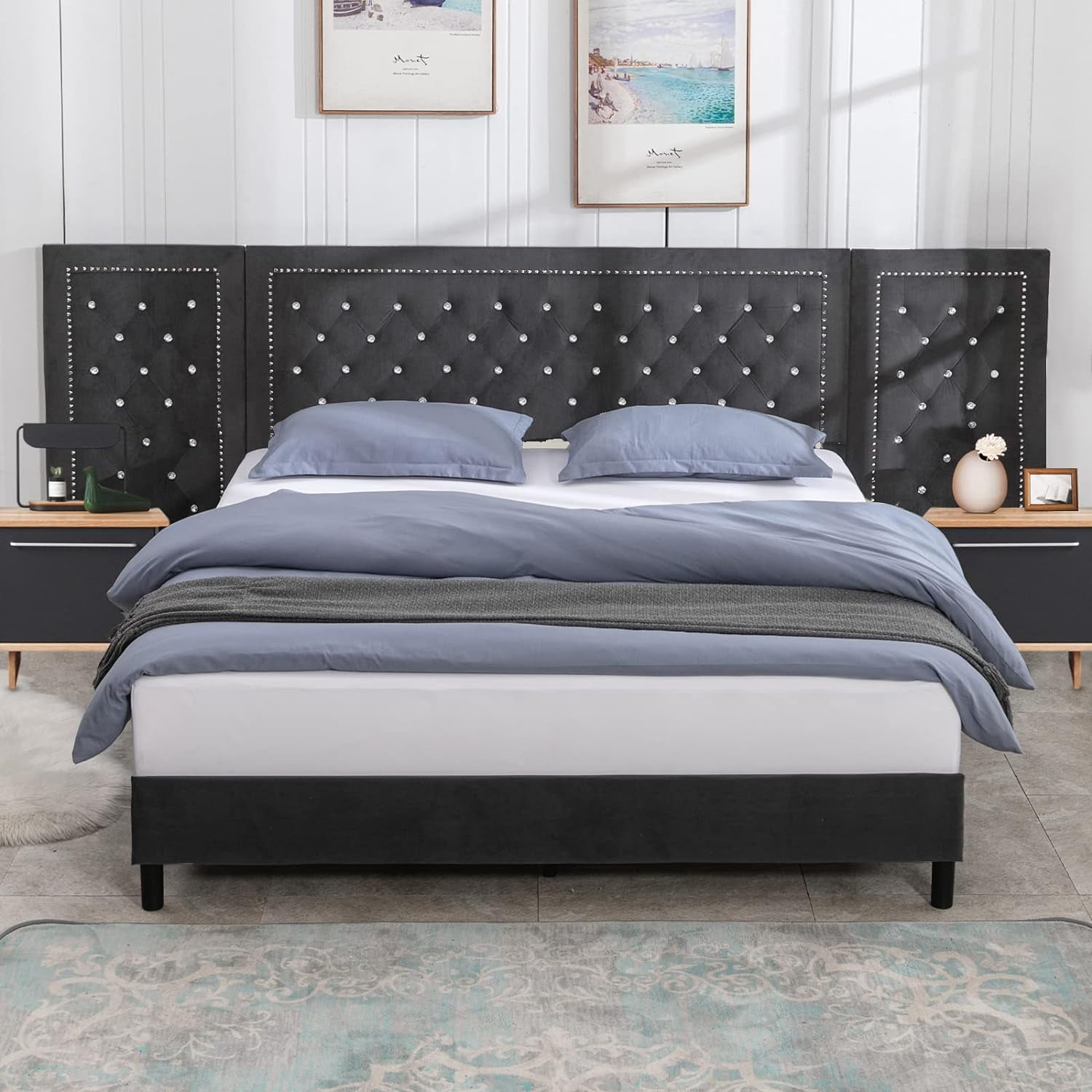 Puremind Velvet Upholstered Platform Bed Frame, Diamond Tufted King Bed ...