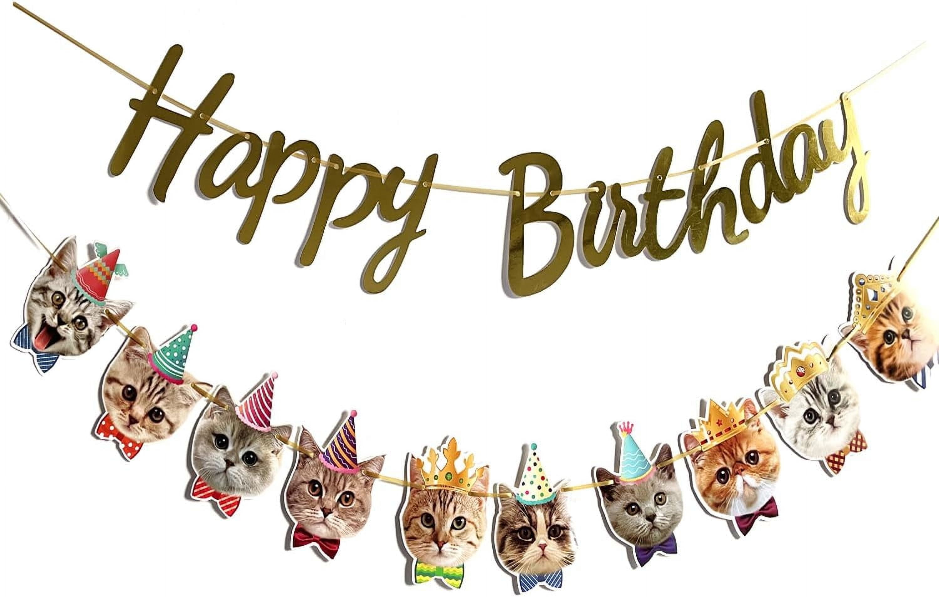 PurewH Happy Birthday Banner Cat Garland Funny Birthday Decor Cat Face ...