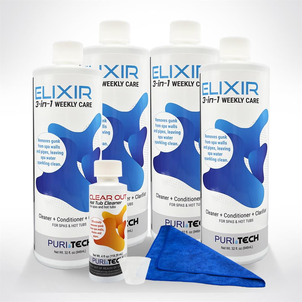 Puri Tech Spa 6 Month Care Kit Includes 4 Pack of Elixir 3-in-1 Weekly Care 32 oz Plus Single ...