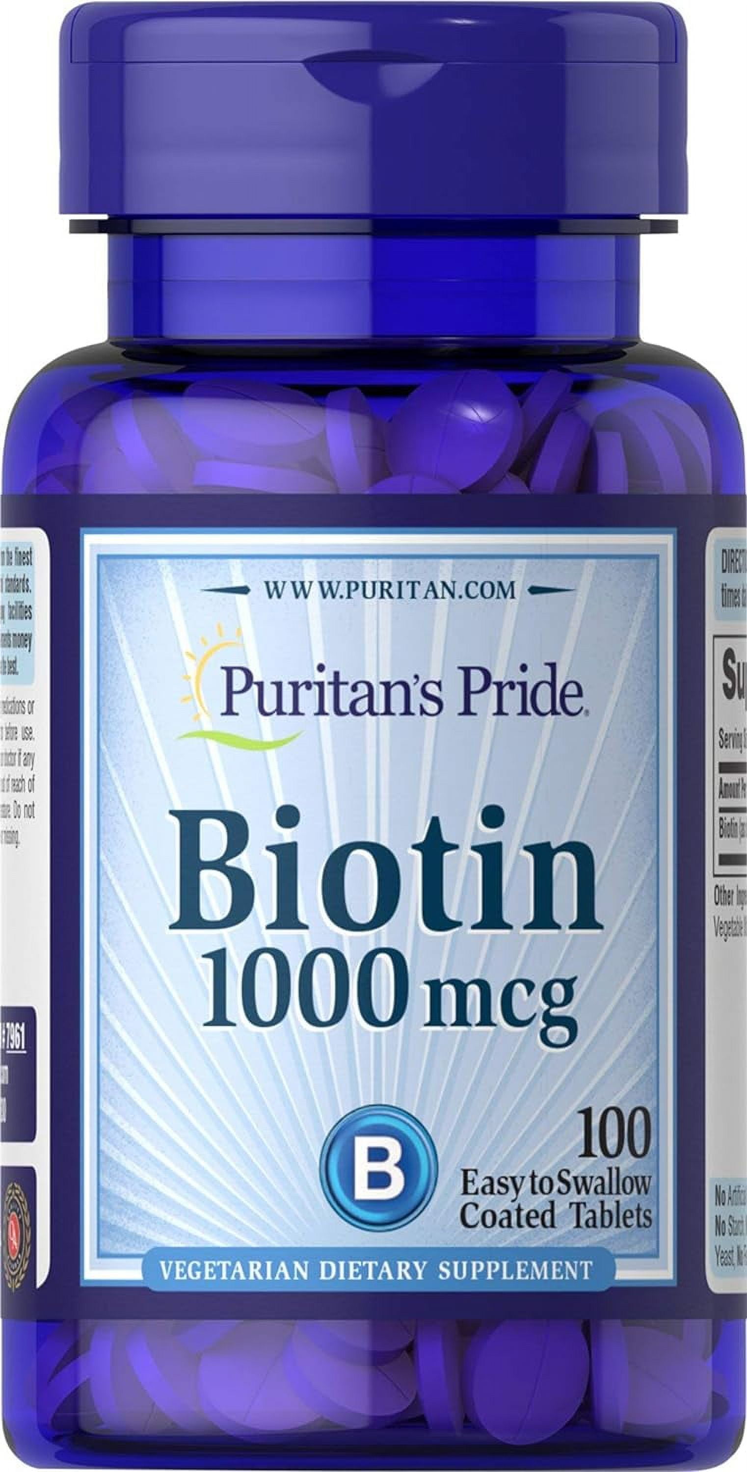 Puritan's Pride Biotin 1000 mcg-100 Easy to Swallow Coated Tablets ...