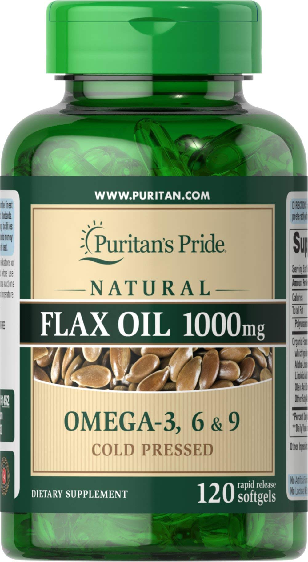 Puritan's Pride Natural Flax Oil 1000 mg-120 Rapid Release Softgels ...