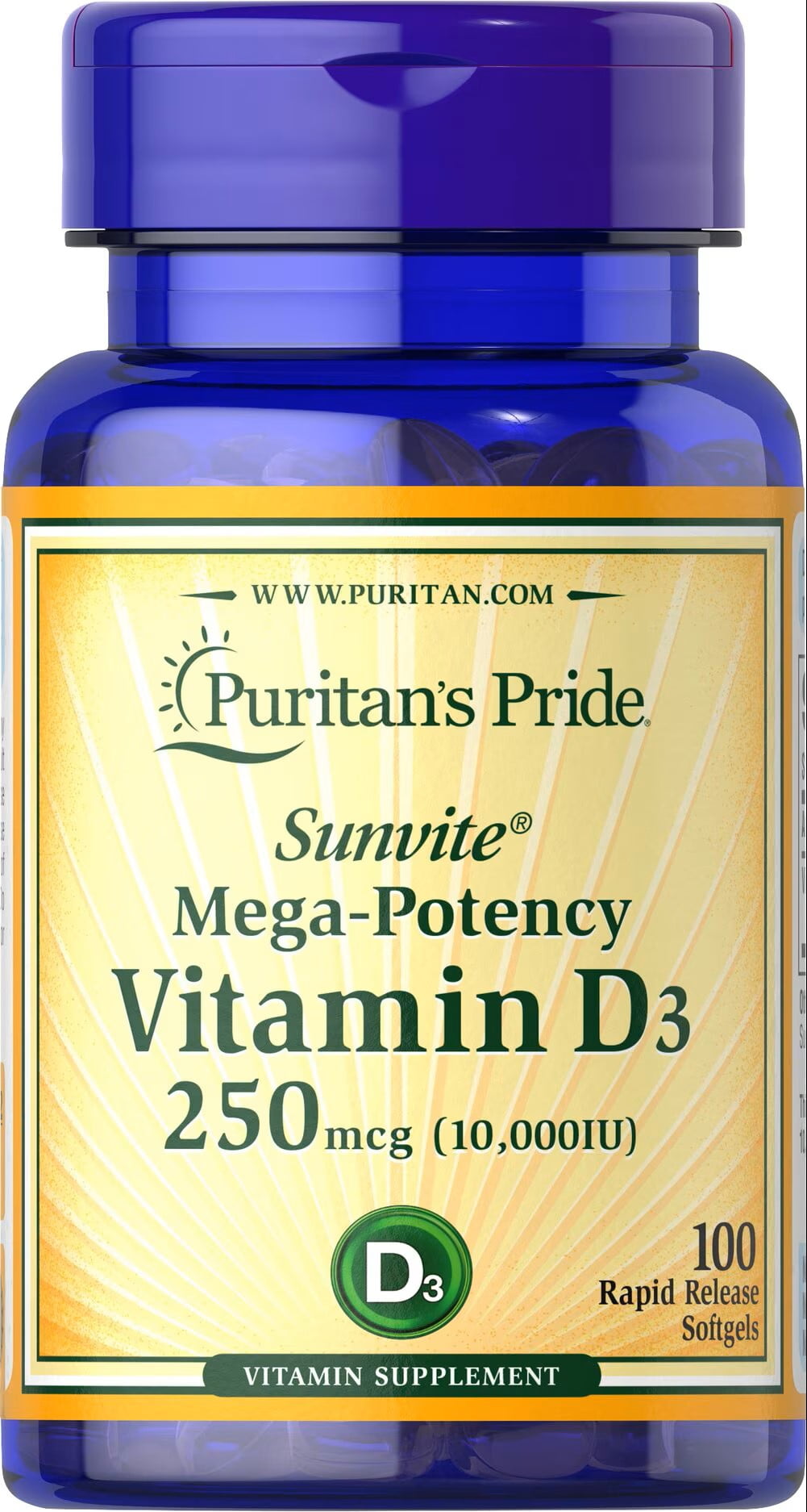 Puritan's Pride Vitamin D3 Softgels, 10000IU, 100Ct - Walmart Business Supplies