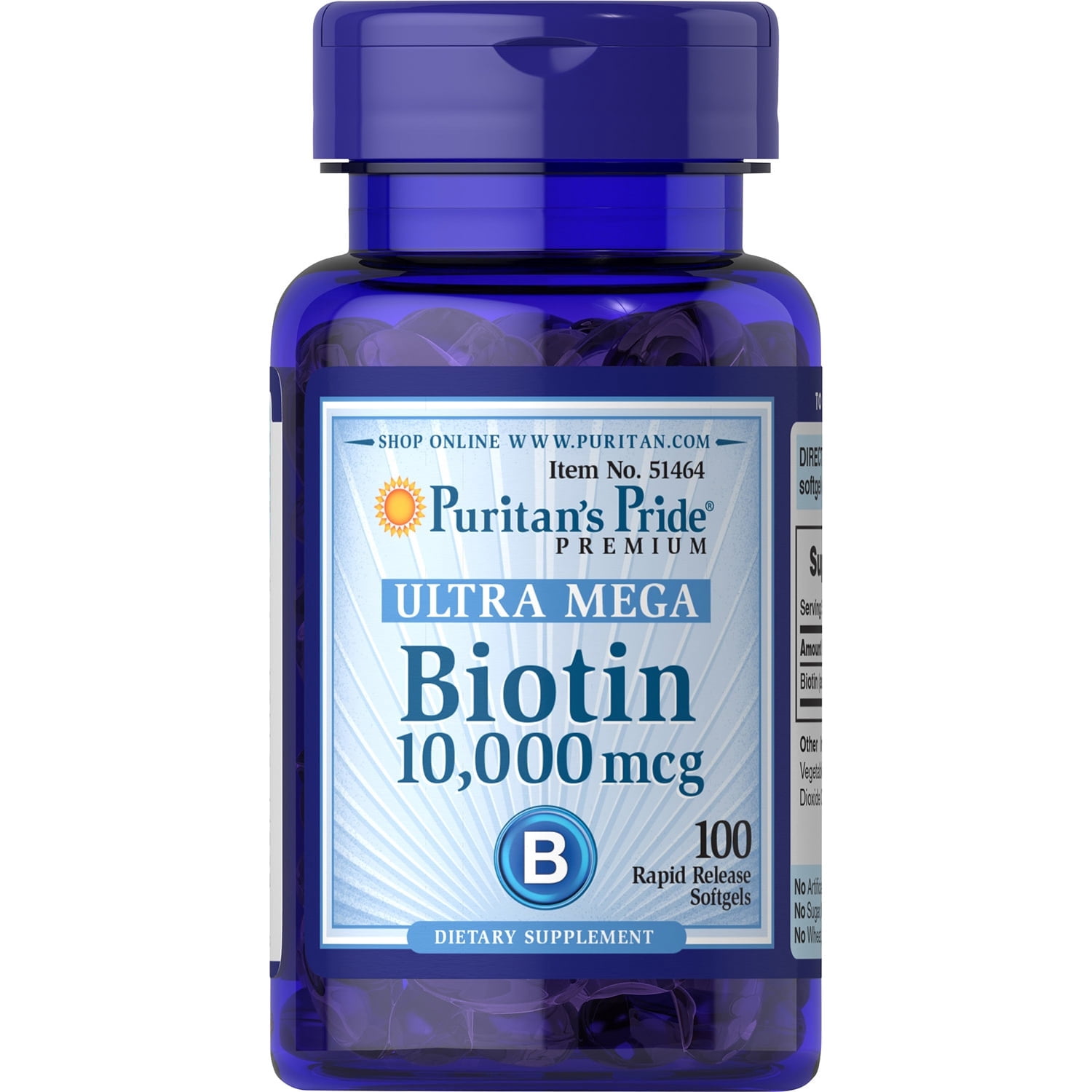 Puritans Pride Biotin 10000 mcg, 100 Softgels for Skin, Hair & Nail ...