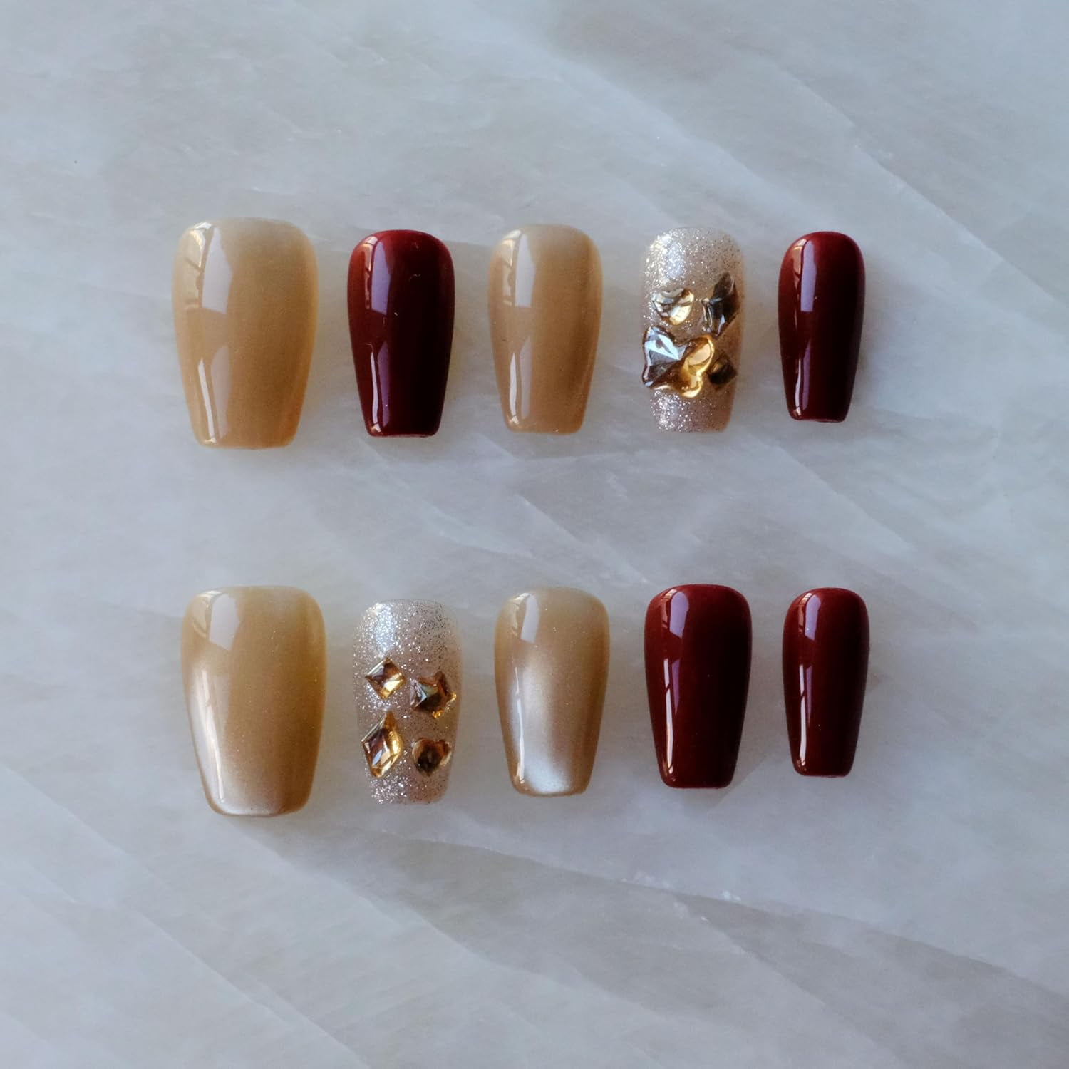 Purly Handmade Medium Ballerina Press on Nails | Burgundy Moonlight Red ...