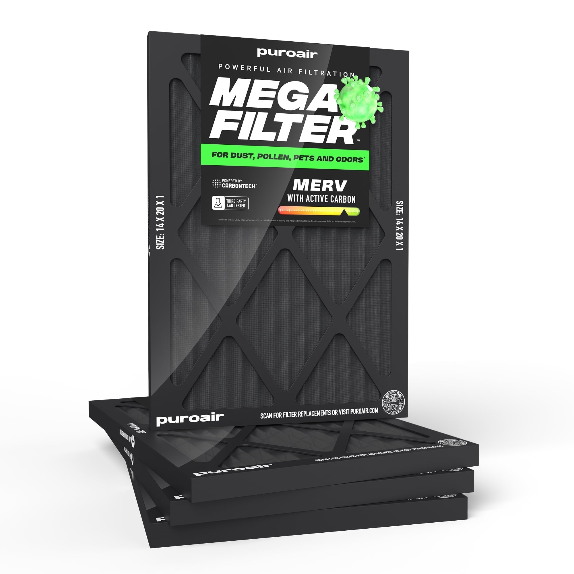 PuroAir Mega Filter - MERV 13 14x20x1 Air Filters with Carbon (4 pack ...