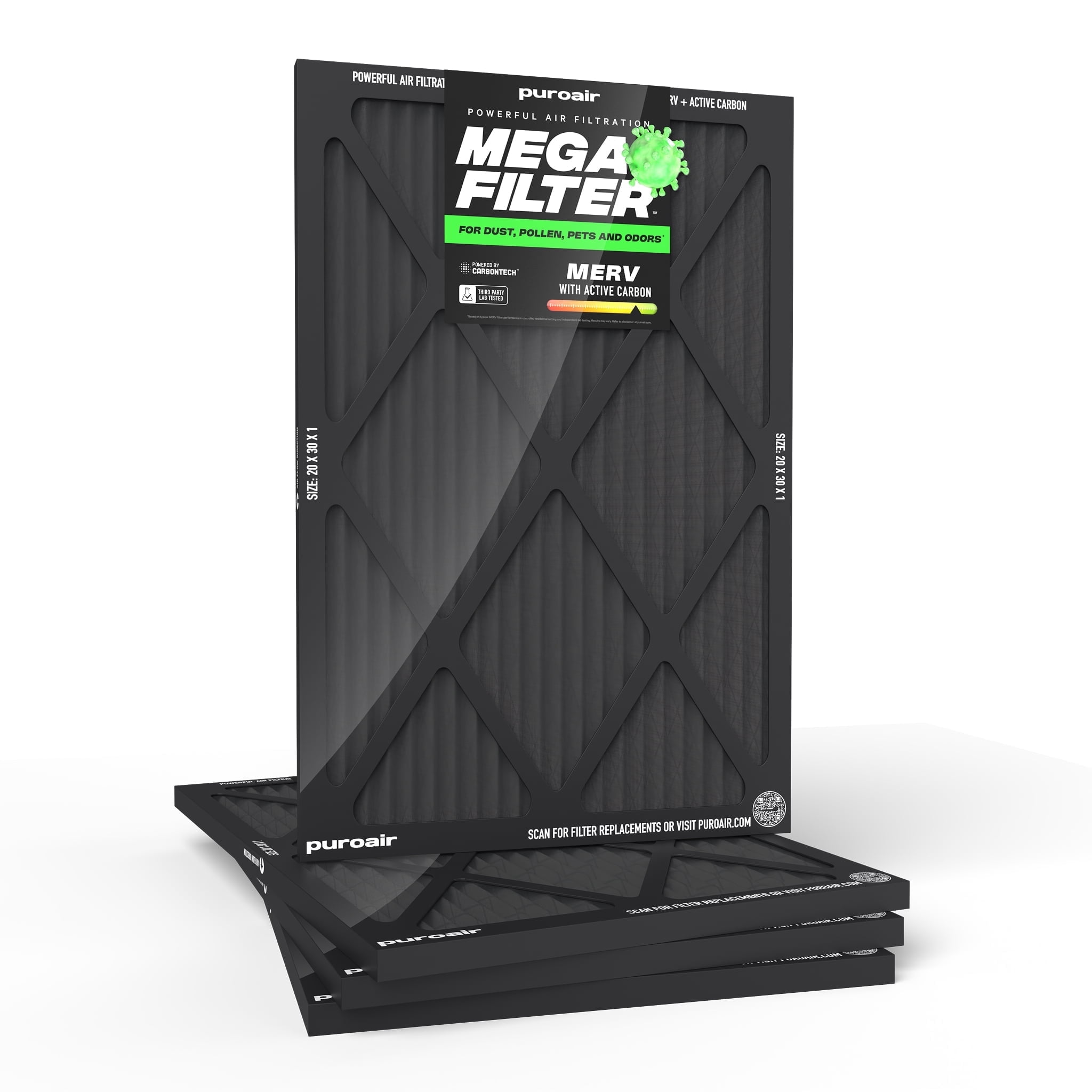 PuroAir Mega Filter - MERV 13 20x30x1 Air Filters with Carbon (4 pack ...