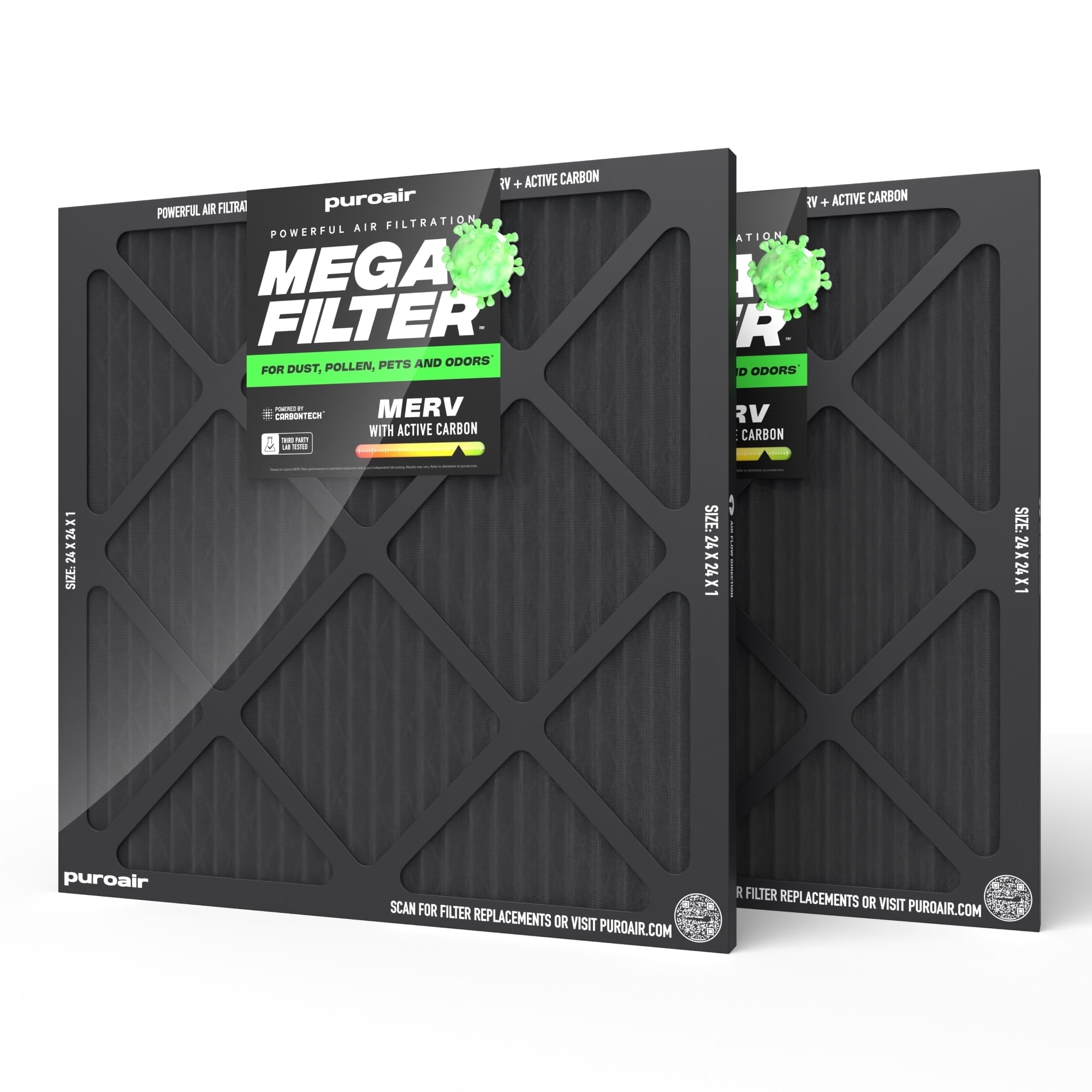PuroAir Mega Filter - MERV 13 24x24x1 Air Filters with Carbon (2 pack ...