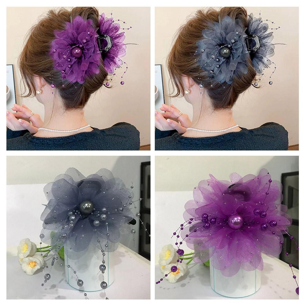Purple 13cm peony flower bead tassel clip female 2024 new hairpin back ...