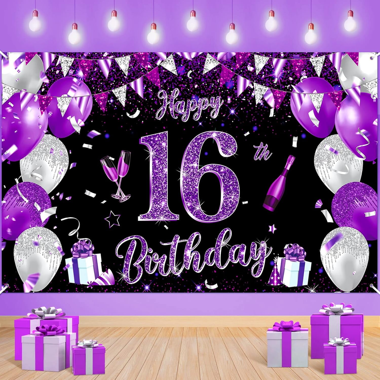 Purple 16th Birthday Decoration Banner for Girls Large Black Purple ...