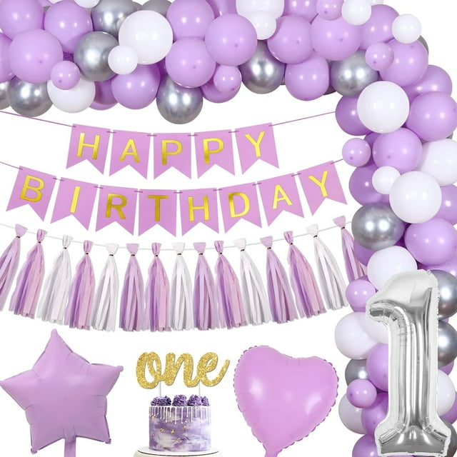 Purple 1st Birthday Decorations for Girls, Pastel Purple Balloon ...