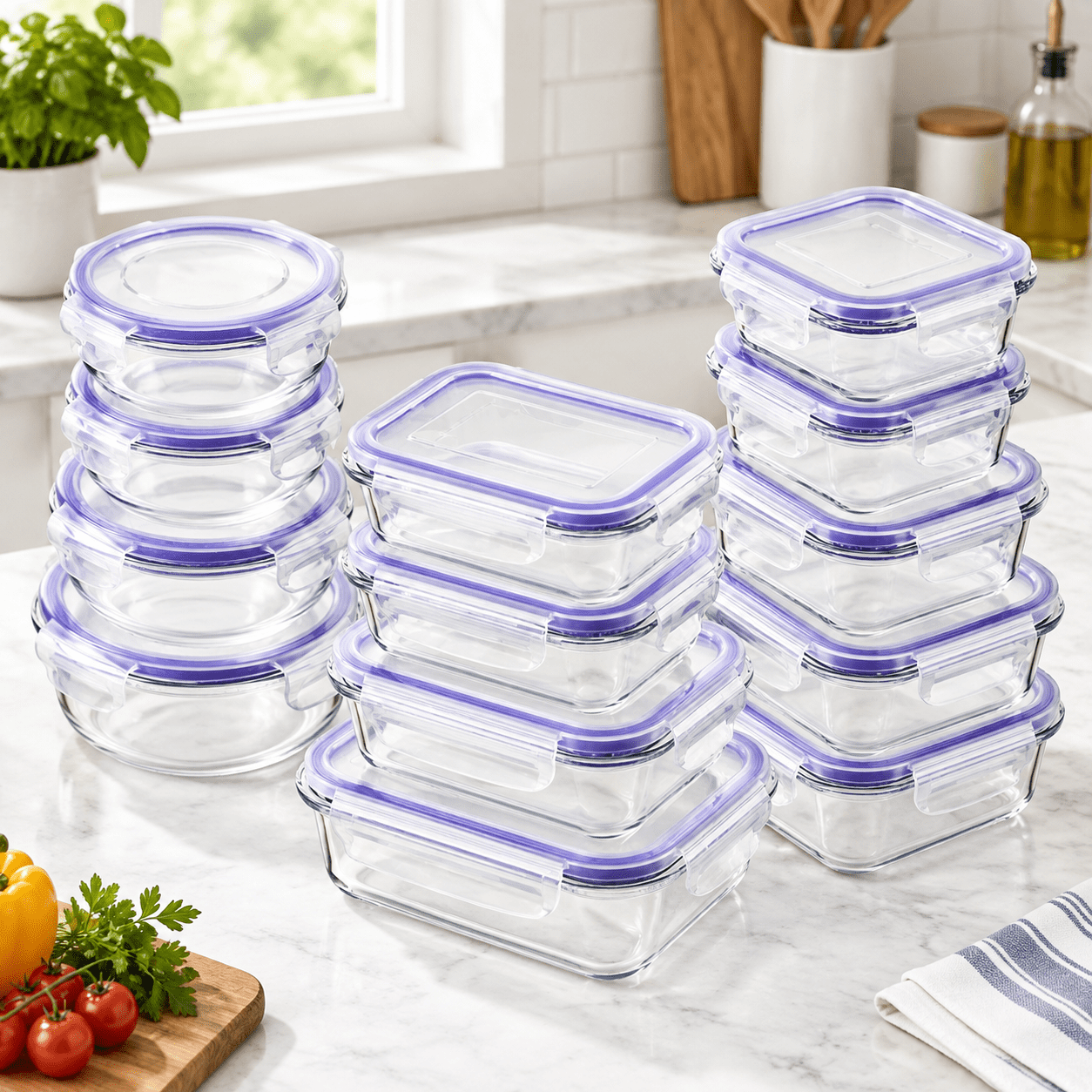 Purple 24-Piece Borosilicate Glass Food Storage Container Set with ...