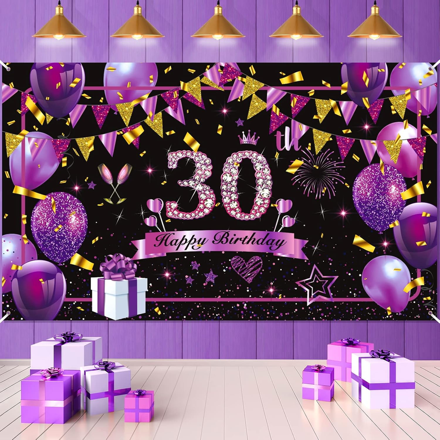 Purple 30th Birthday Decorations Banner Purple Black Gold Happy ...