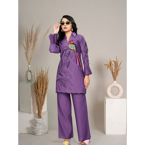 Purple 3D Thread Work Tunic & Trouser Co-Ord Set - Walmart.com