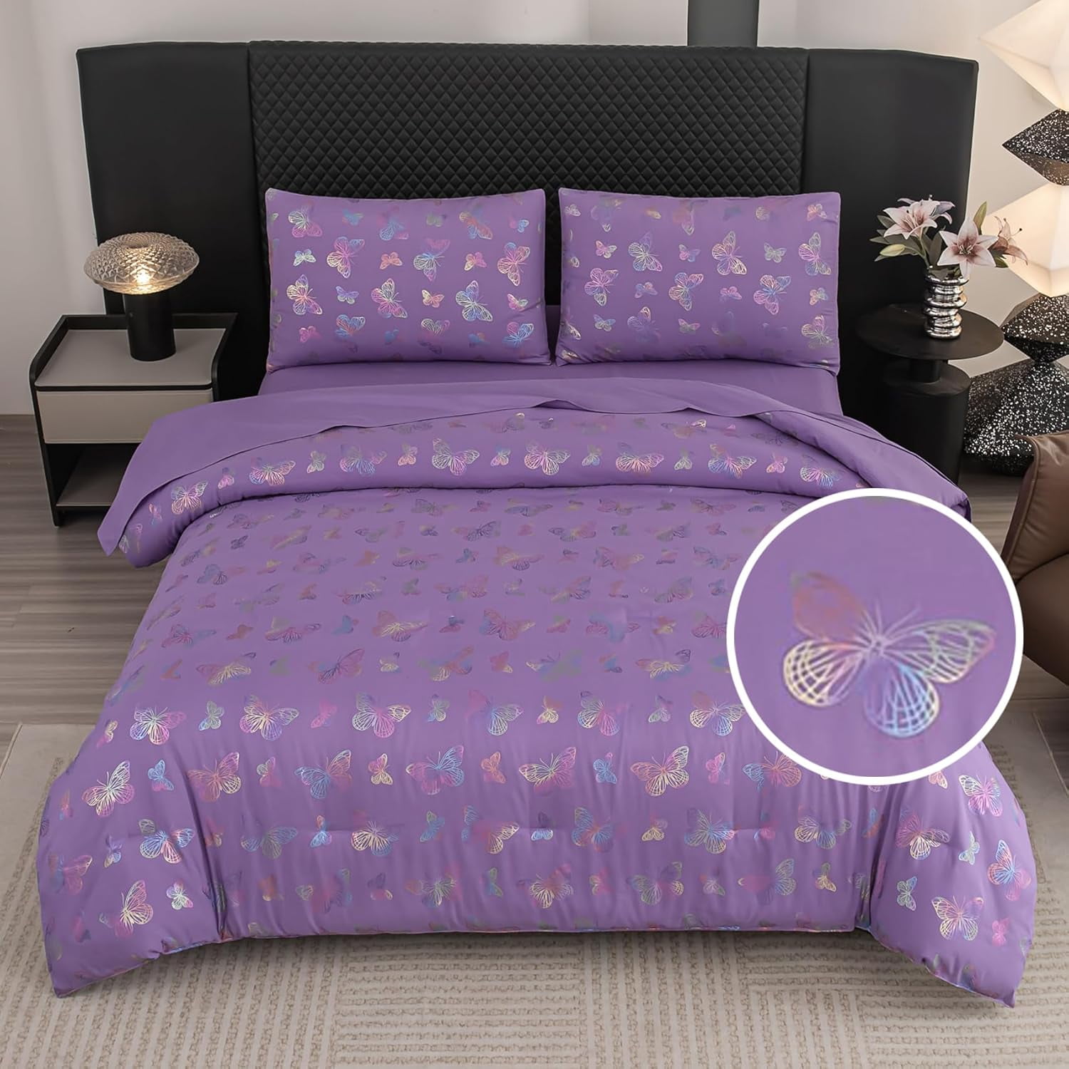 Purple 5-Piece Butterfly Comforter Set - Queen Size, Girls' Bedroom ...