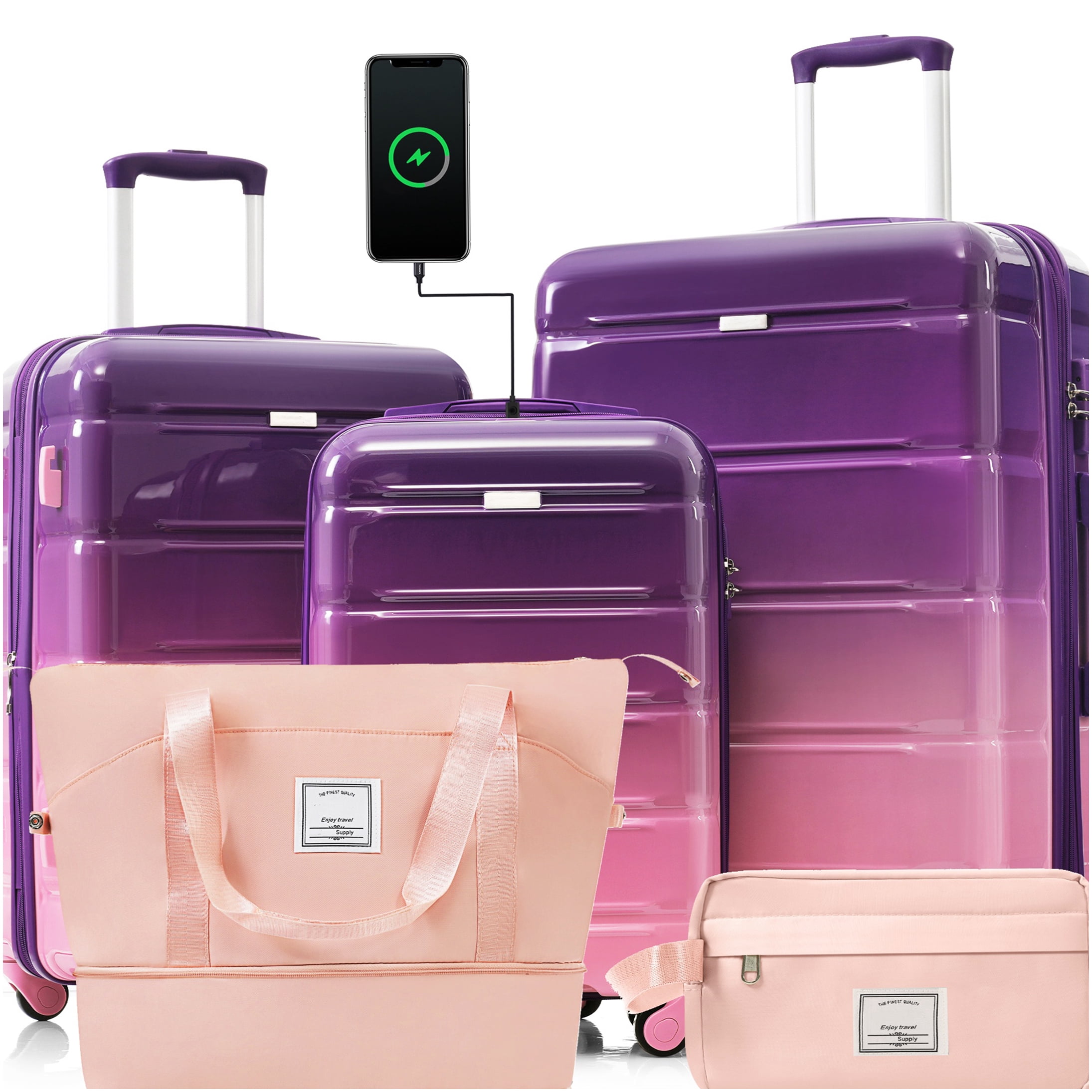 Purple 5-Piece Luggage Set with USB Port, ABS+PC Hardshell Suitcase ...