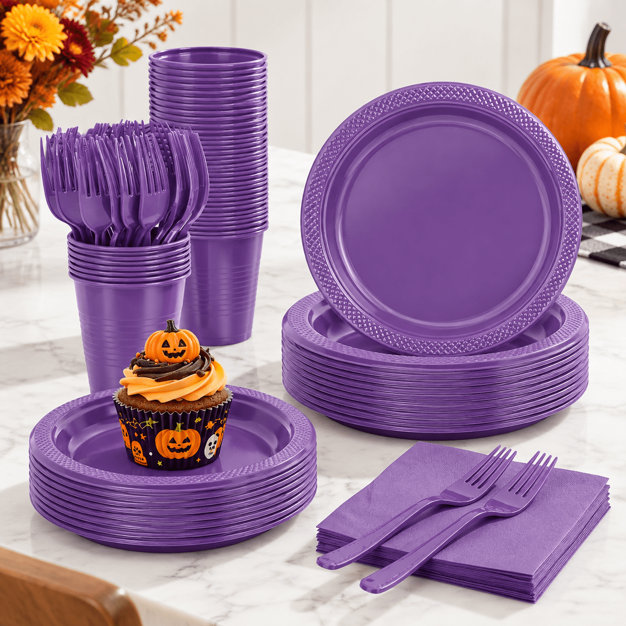 Purple 50 Set Disposable Plastic Party Tableware Kit for 50 Guests ...