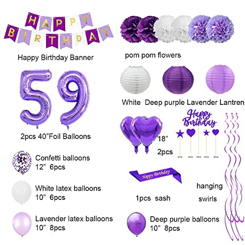 Purple 59th Birthday Decorations - Happy Birthday Banner, Sash, Cake ...