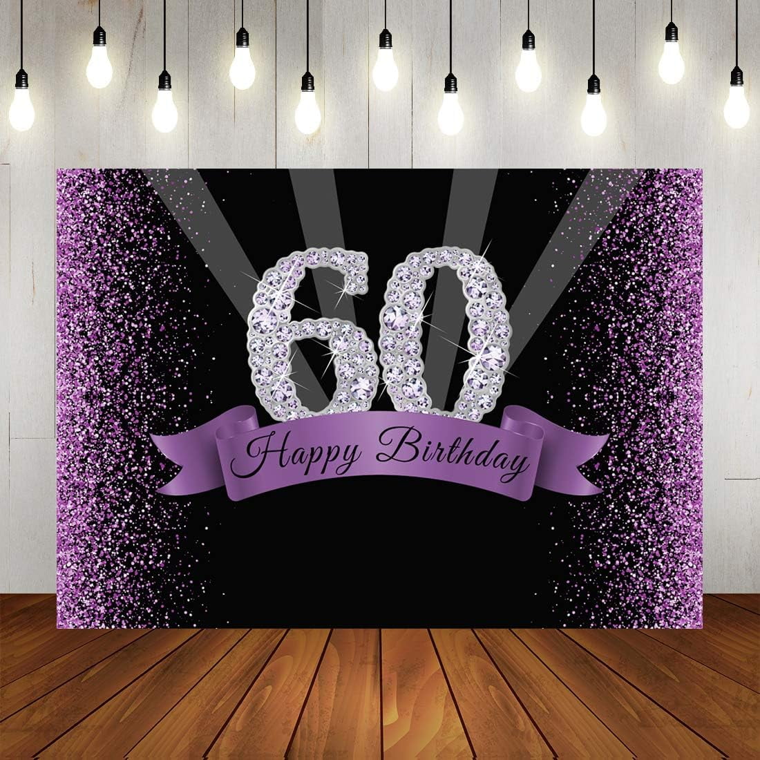 Purple 60th Birthday Backdrop Shiny Black Dots and Diamond Number Party ...